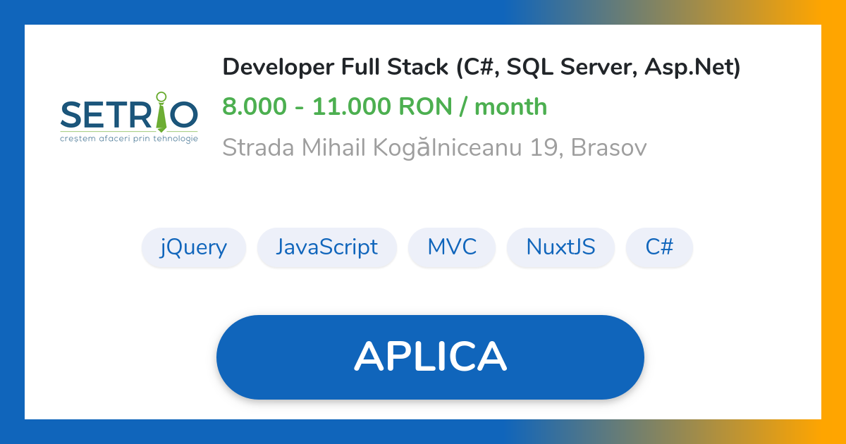 Developer Full Stack C Sql Server Aspnet Job In Brasov Sc