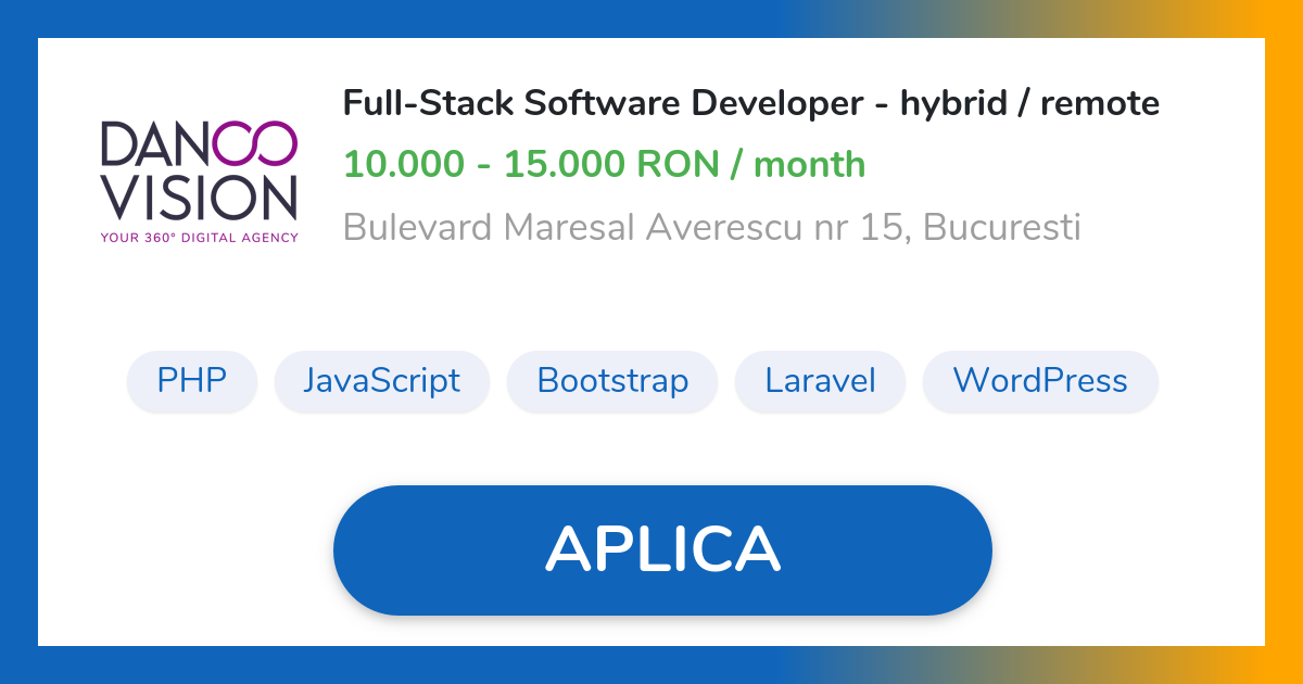 Full-Stack Software Developer - hybrid / remote Job in Bucuresti | DANCO VISION